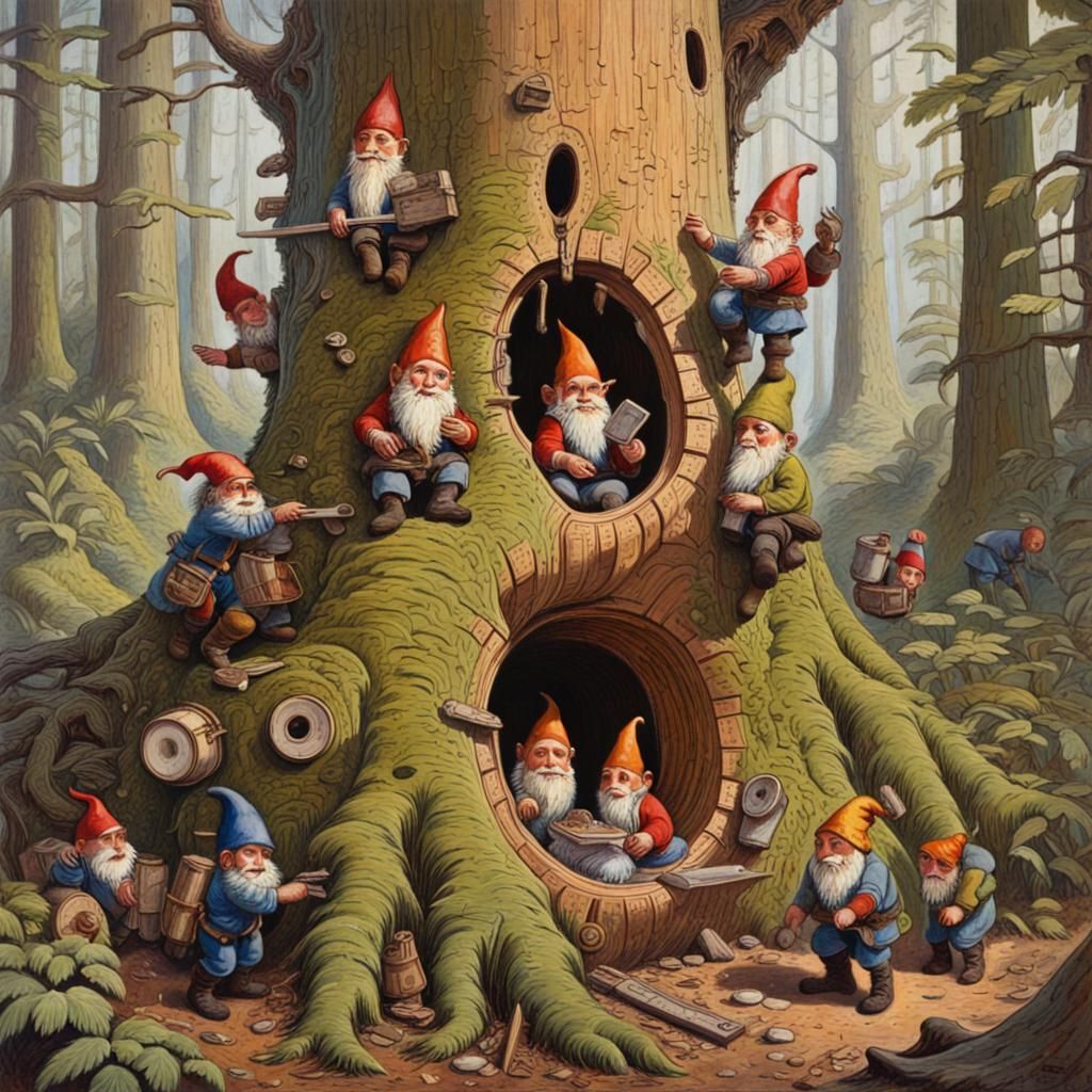 cutaway diagram of a tree trunk showing gnomes working inside - AI ...