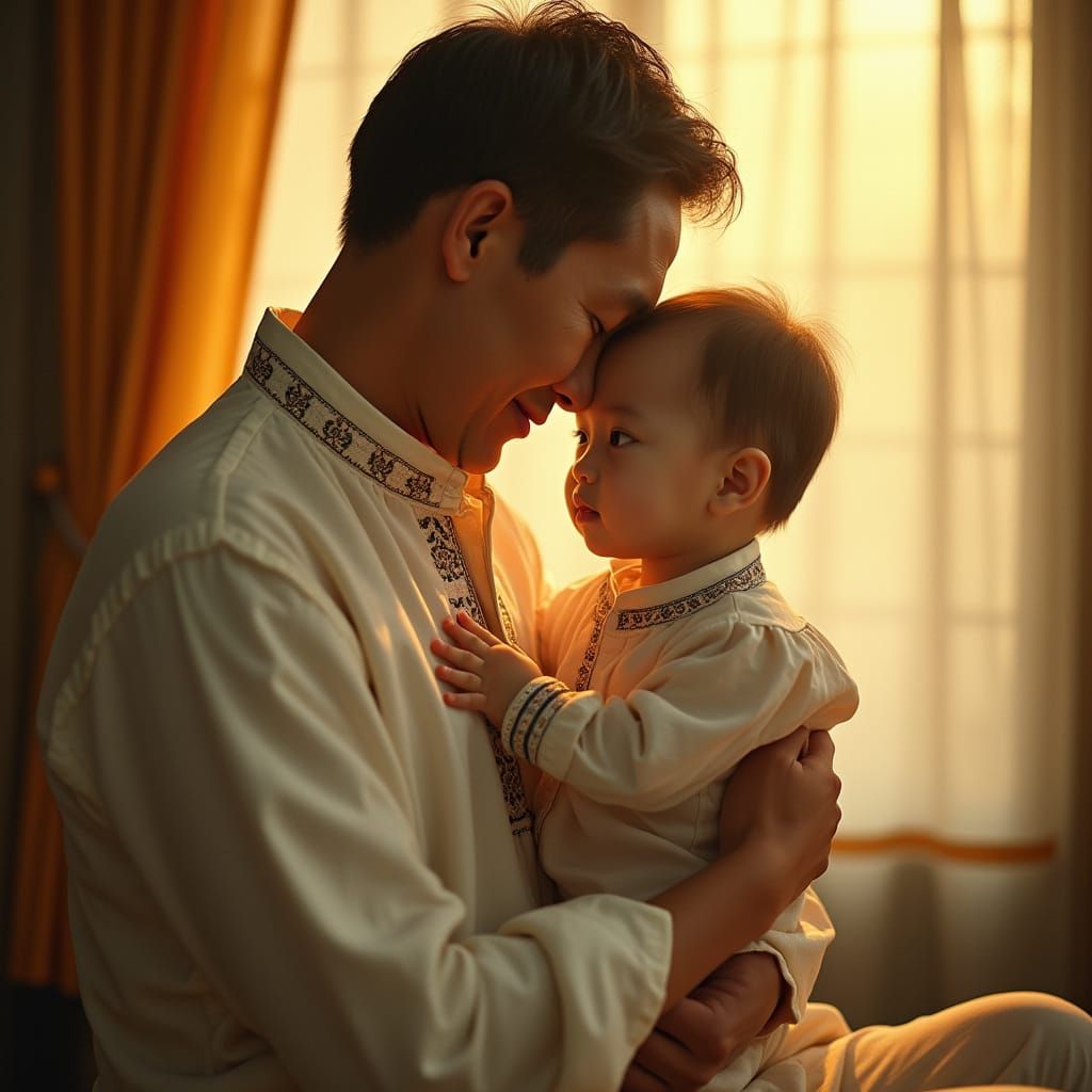 thai father holding his child - Serene Thai Father Embracing...