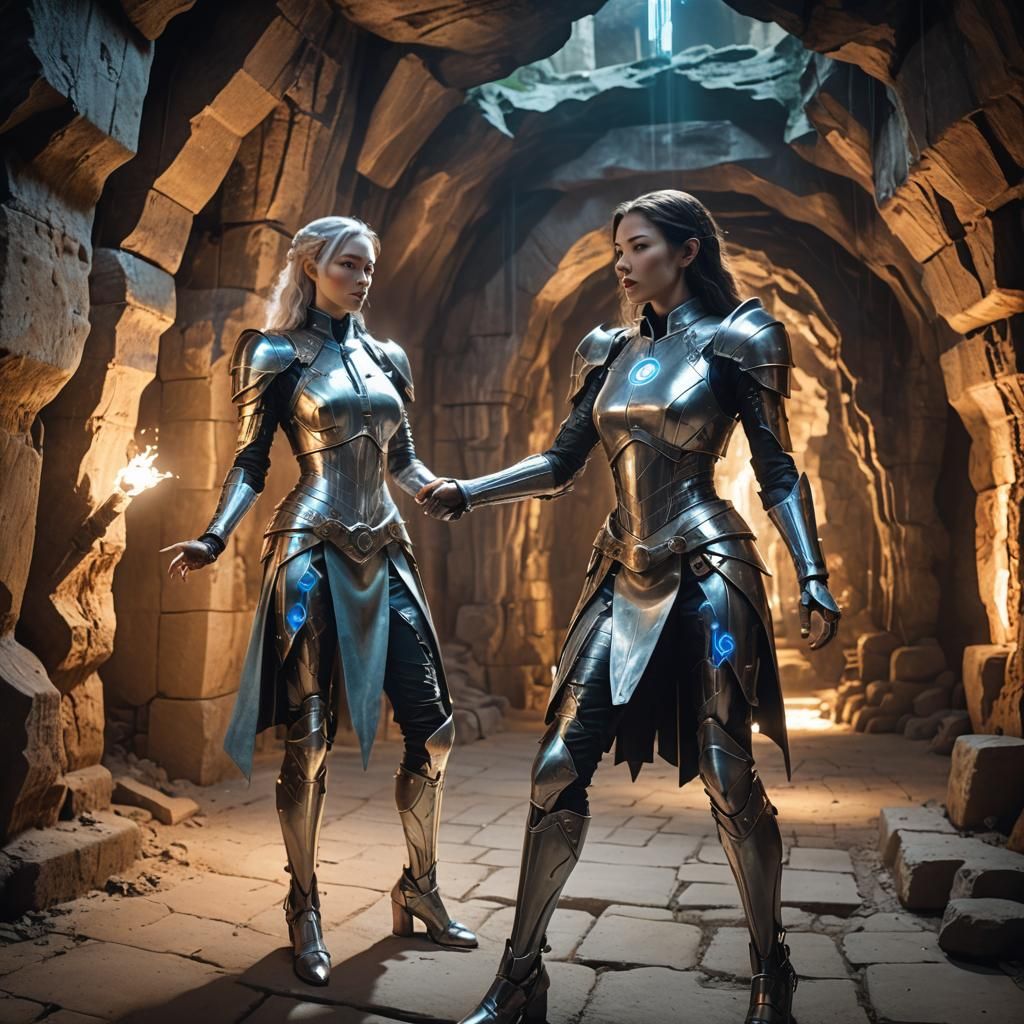 Cyborg Maiden in Medieval Cave, Medieval Cyberpunk... - AI Art