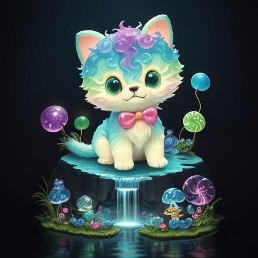 adorable cute chibi baby furry Puppy with a bioluminescent Waterfall in ...