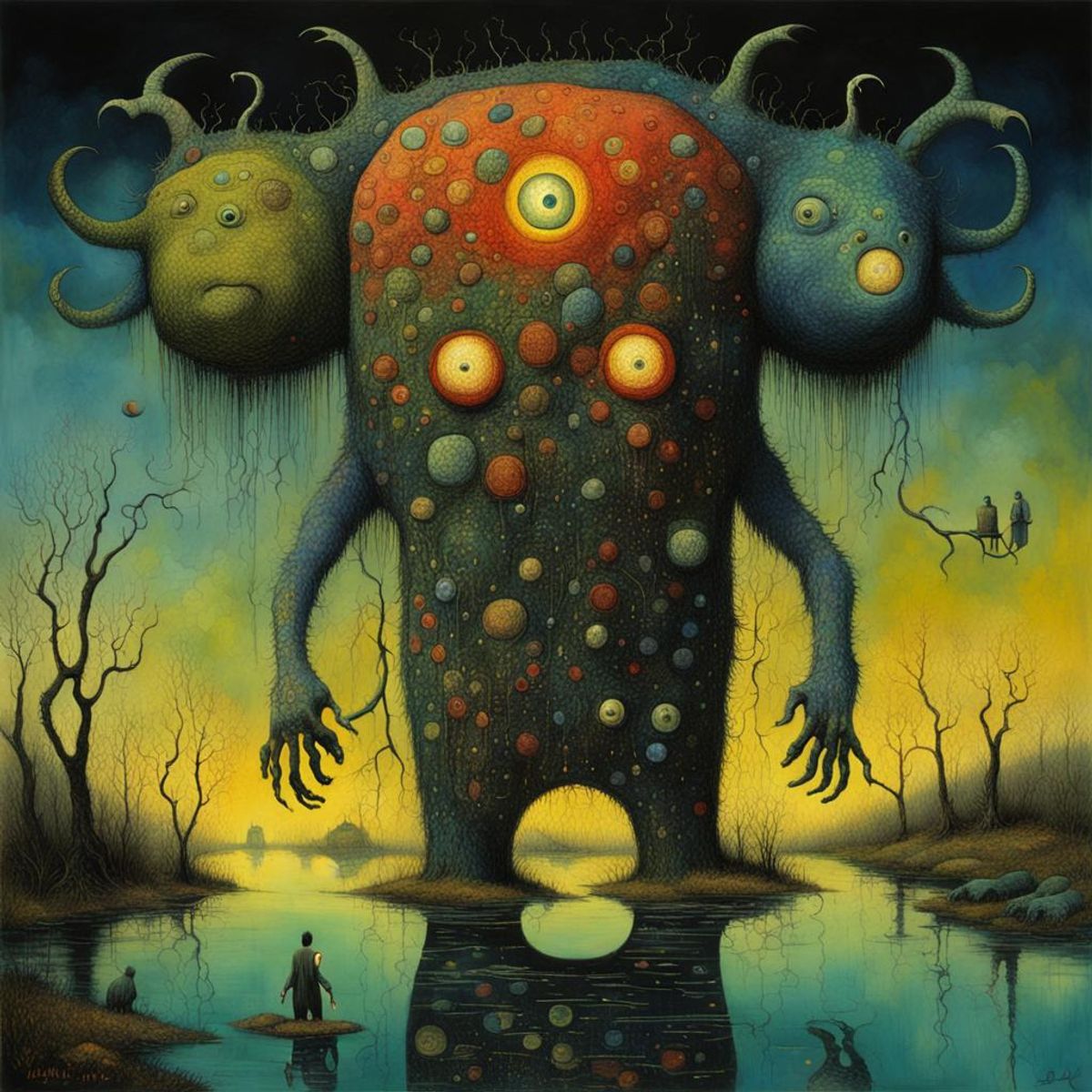 SURREALISM, colorful (PATCHWORK:1.1) monster, swamp, fairy lights ...