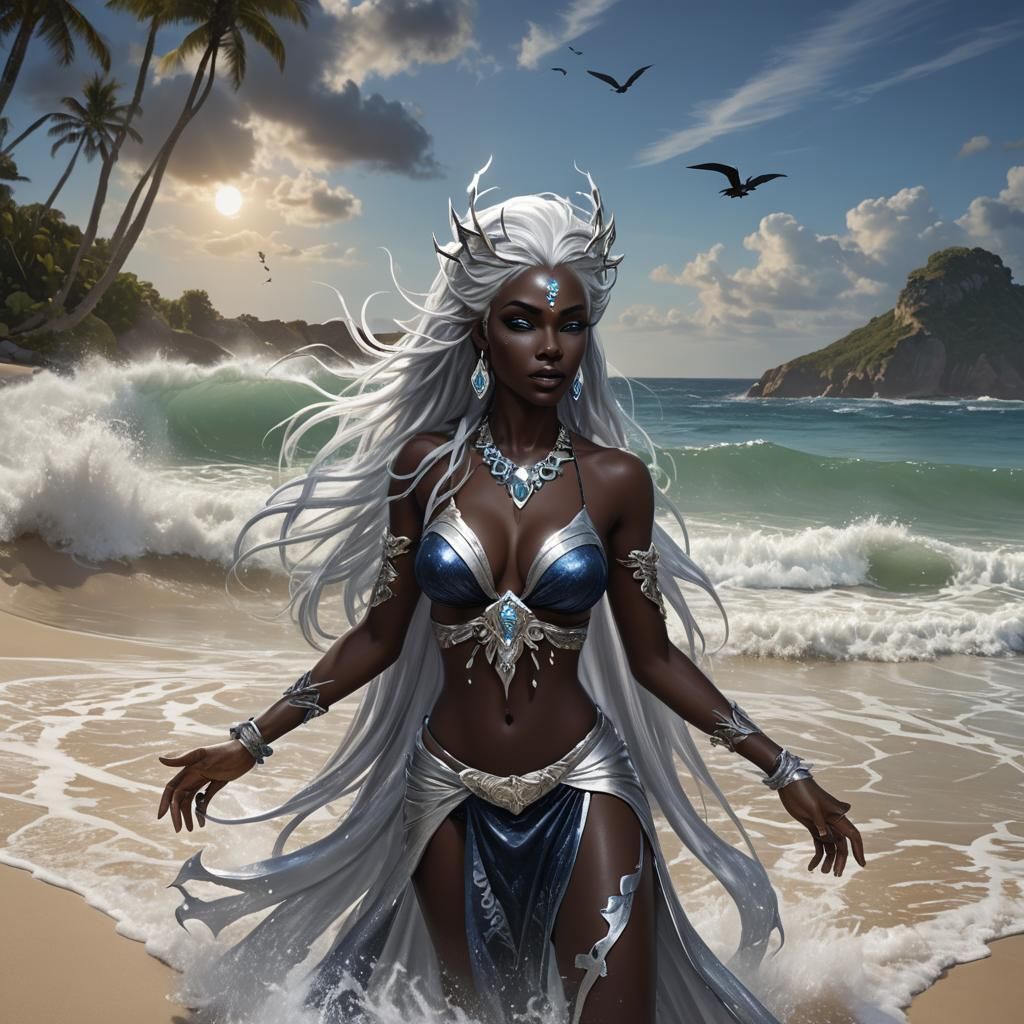 Imagine a stunning scene on a tropical beach where a Drow sorceress with striking silver hair ...