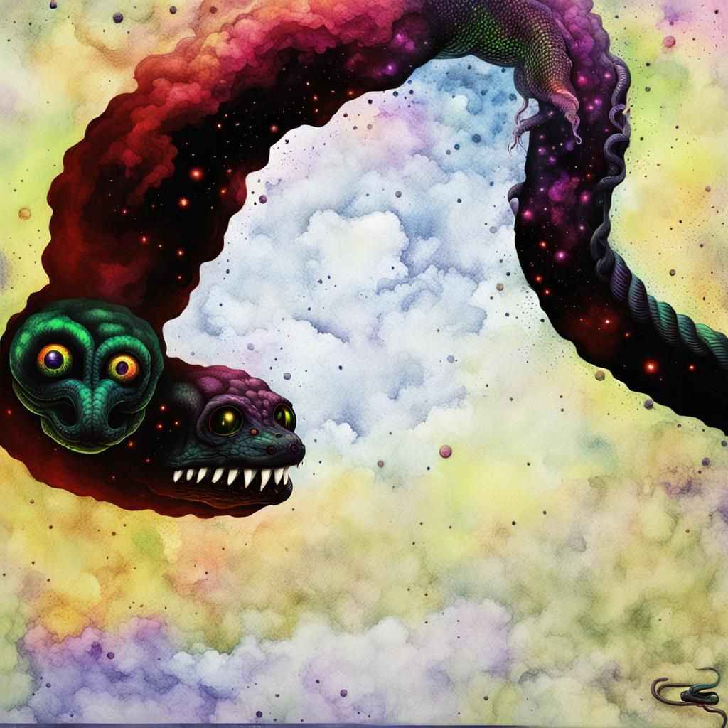 A space-eel living in a nebula gas-cloud jet black as a wriggly snake-like worm with multiple ...