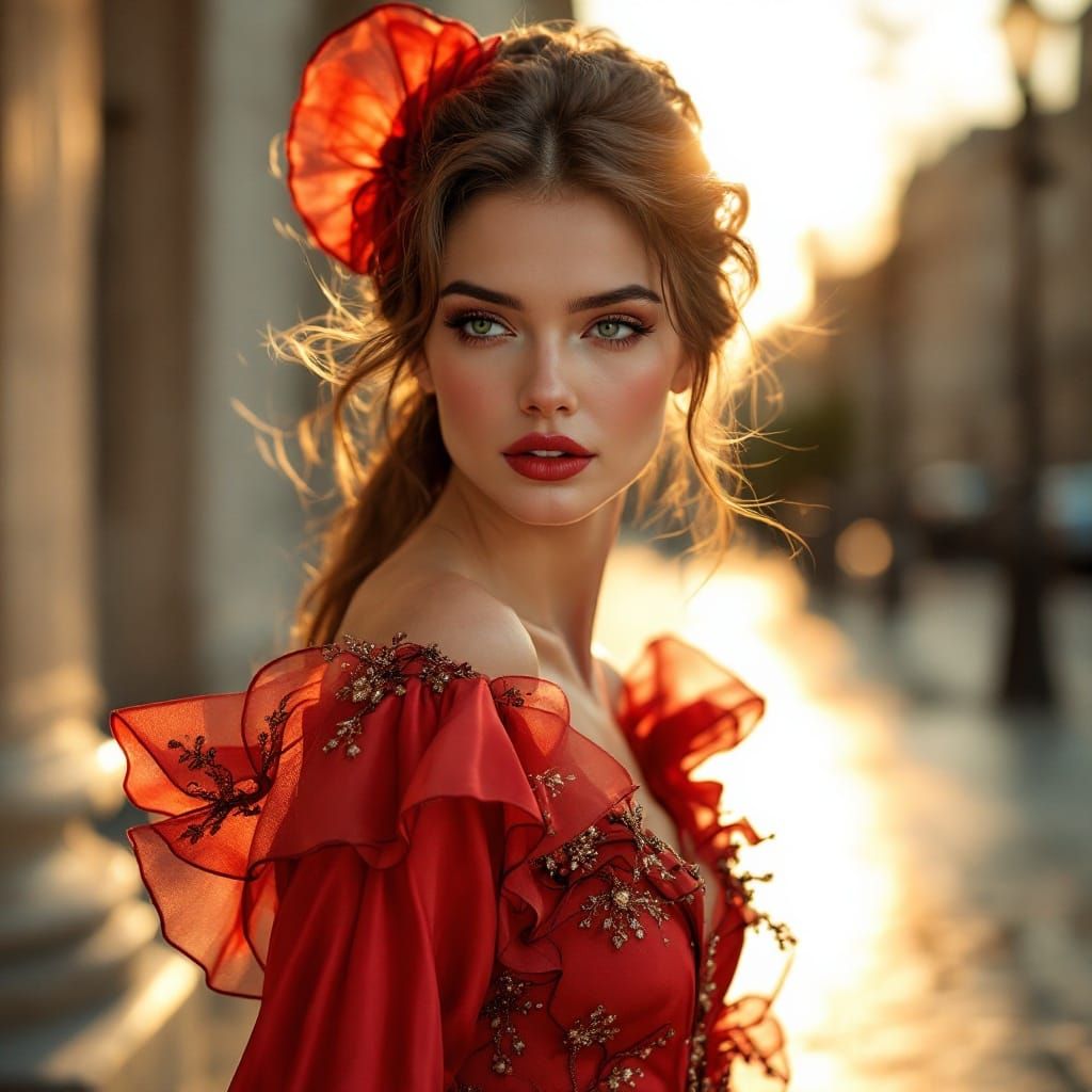 Ein selbstbewusstes französisches Supermodel, gekleidet in ein ...