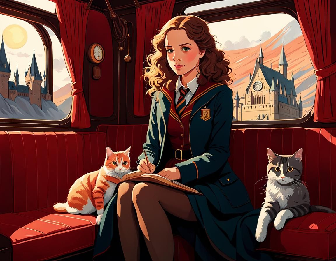 Hermione granger sitting on the Hogwarts express, a cat sitting in her lap, Quirky scene ...