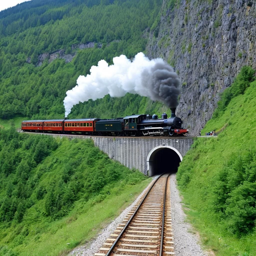 steam train coming out of a mountain tunnel