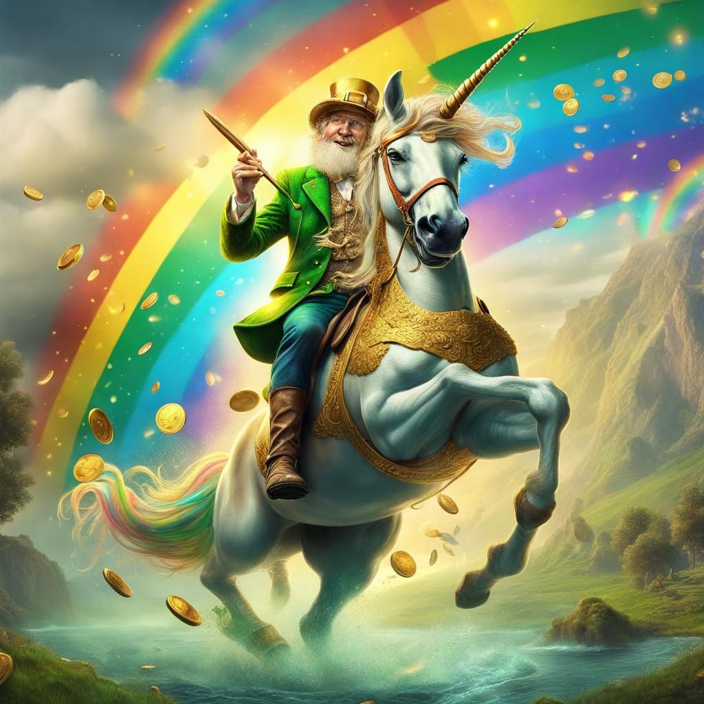 Leprechaun riding Unicorn to pot full gold at rainbow end - AI ...
