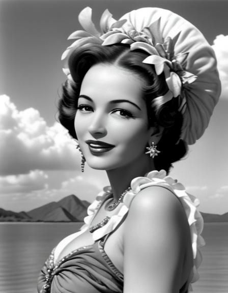 Carmen Miranda with her fruit turban on a Island Oasis. Chica chica ...