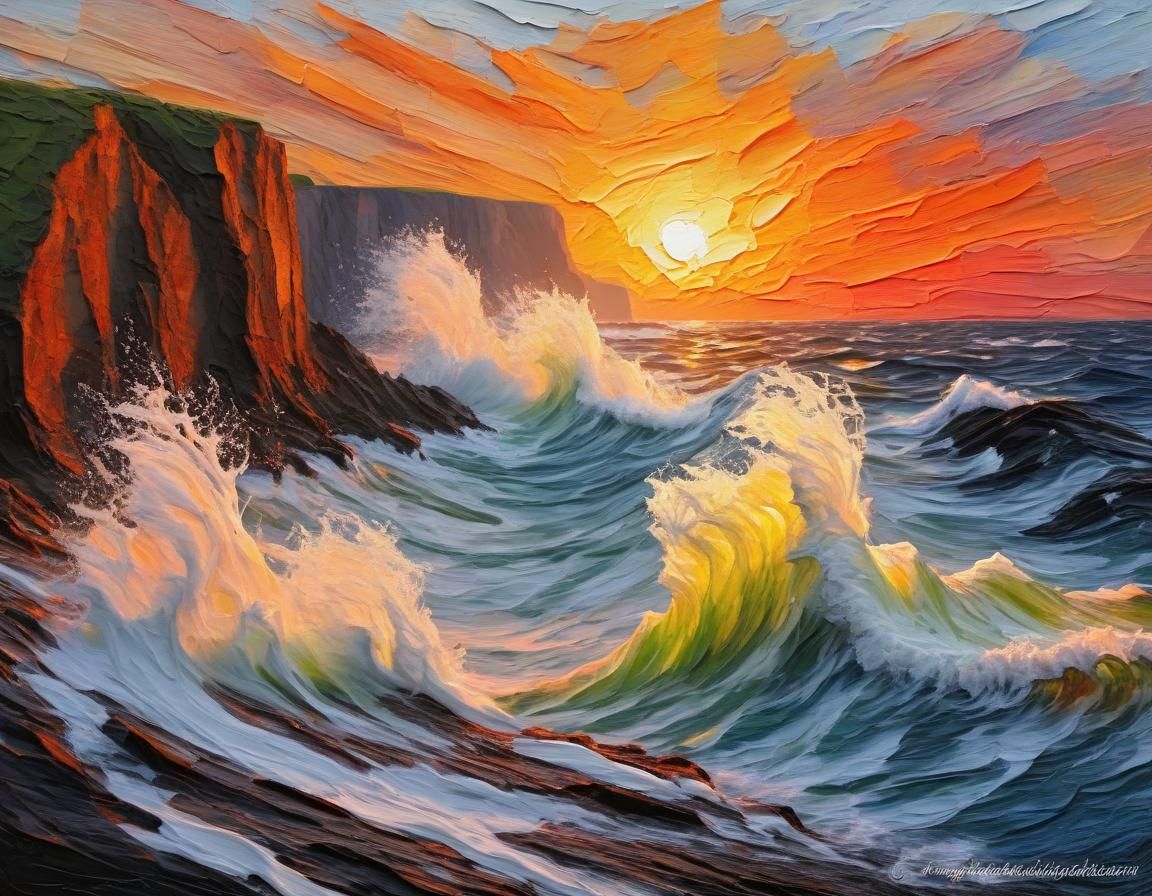 Impasto of waves splashing against cliffs at sunset - AI Generated ...