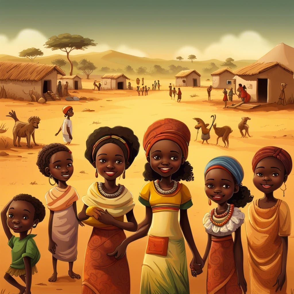 Create a captivating wide landscape African cartoon-style illustration ...