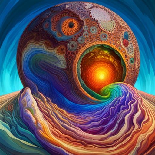 Sisyphus rolling a round glowing sphere up the mountain of spheres 8k ...