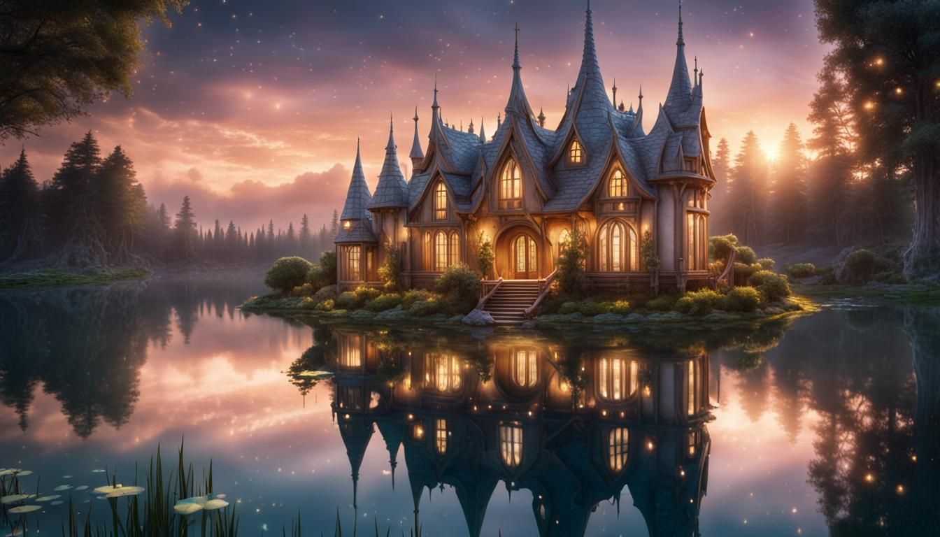 Magestic elven mansion with spires next to a calm lake, at dusk, house ...