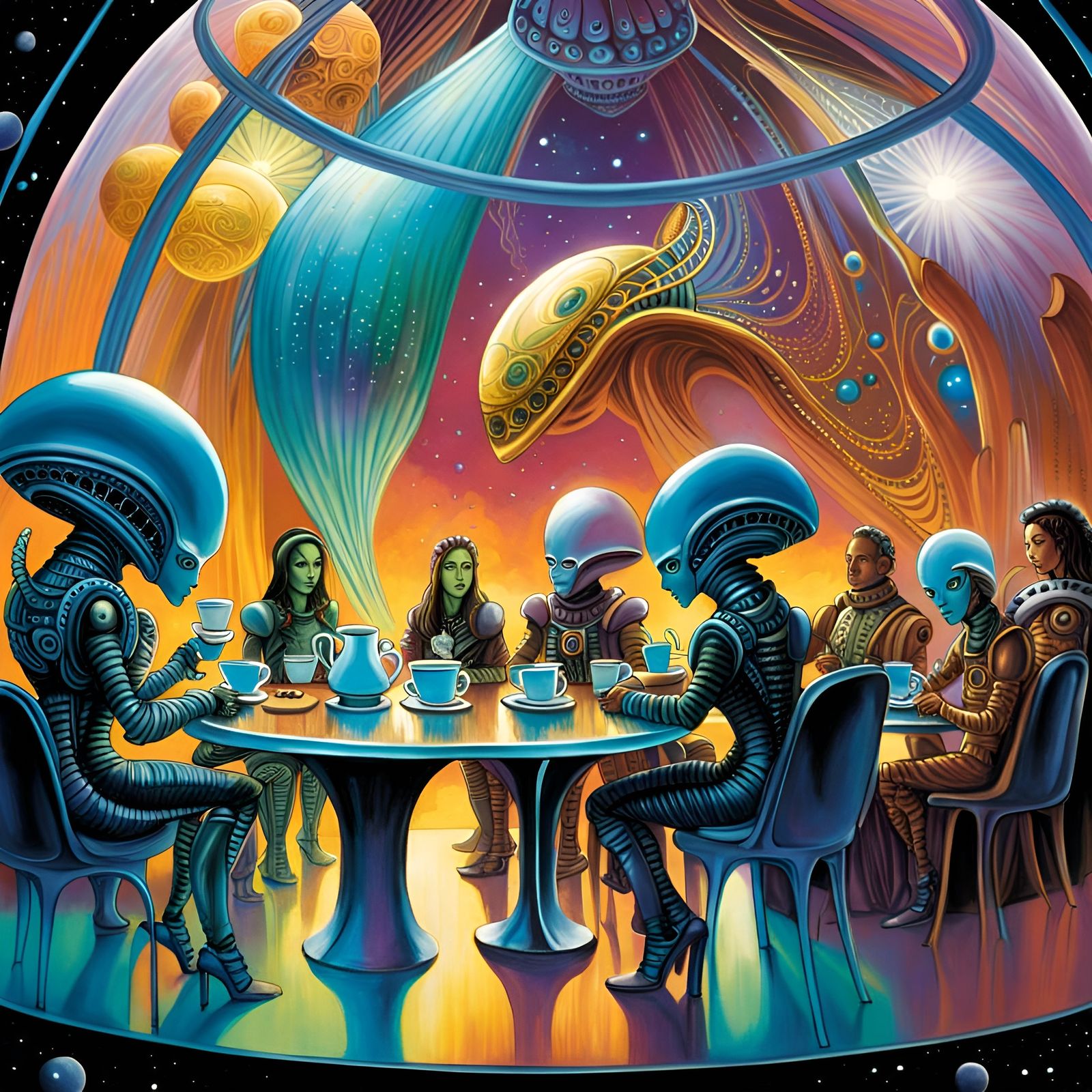Aliens and Humans in Colorful Outer Space Coffee Shop - AI Generated ...