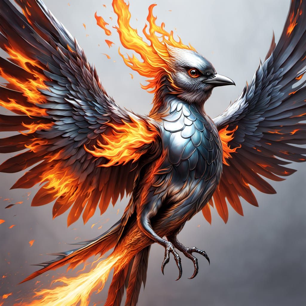A hybrid creature of metal and flame—a metallic bird with glowing ...