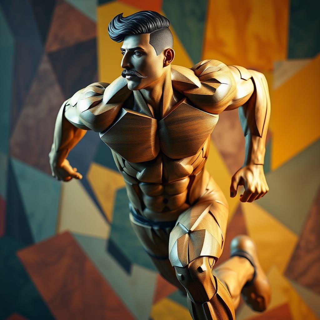 Running man made of wood - Dynamic Wooden Athlete in Futuris...