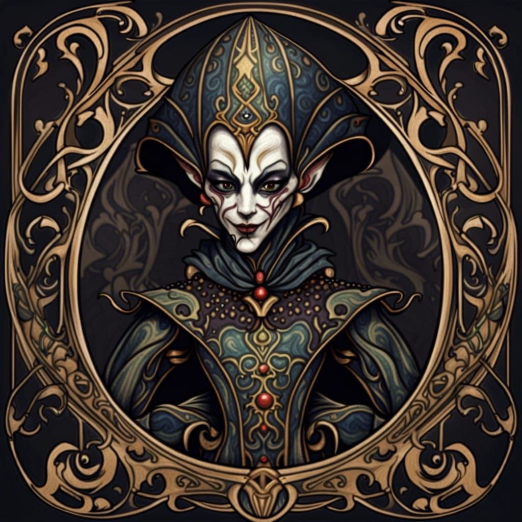 An ornate art nouveau graceful, beautiful, alien, sinister jester, with ...