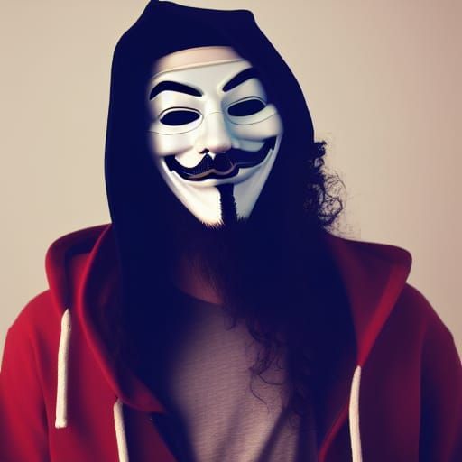 portrait of a masked anonymous hacker with long black hair, he wears a ...
