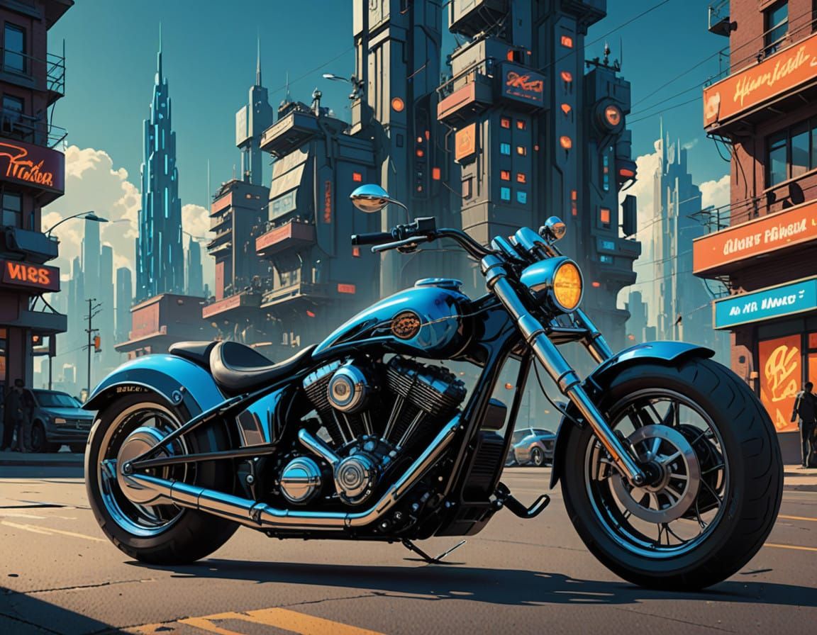 Retro-Futuristic Harley Chopper Motorcycle in Neon... - AI Art