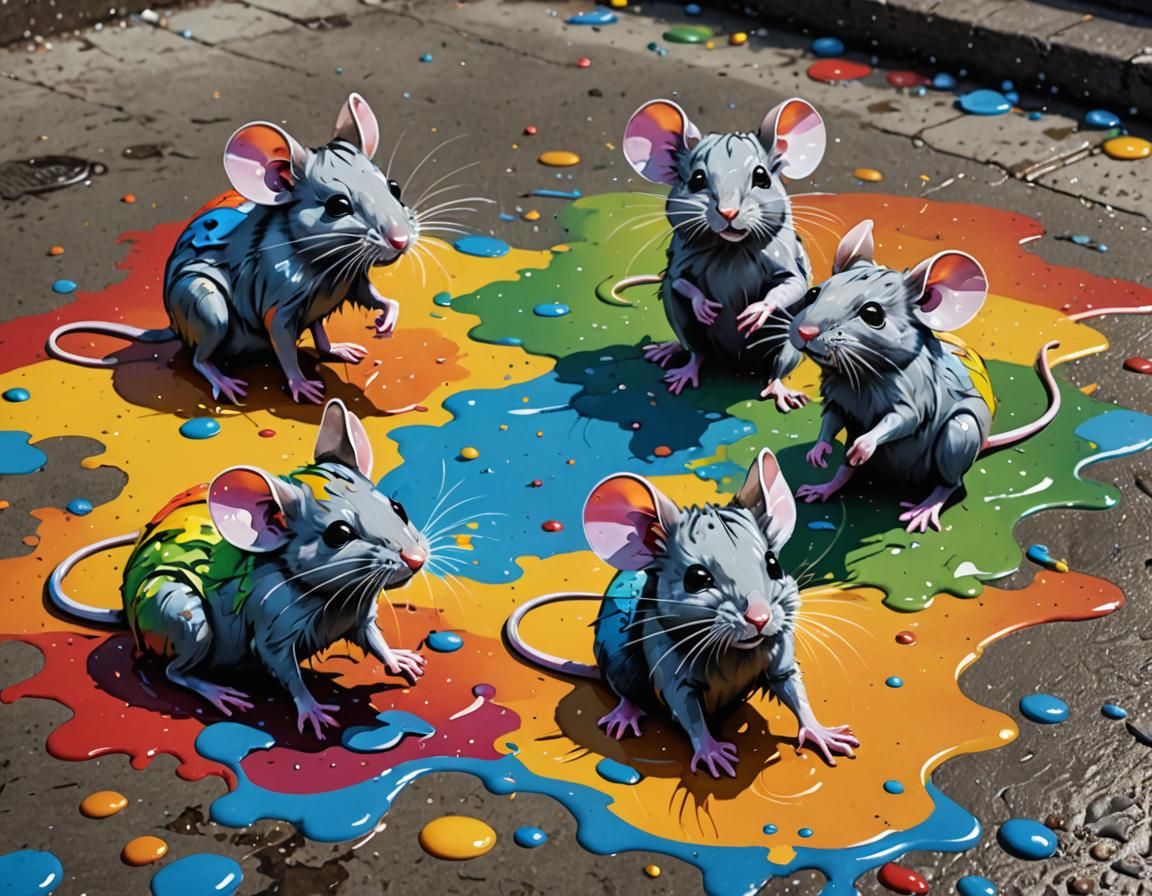 Mice playing in rainbow puddles of paint - AI Generated Artwork ...