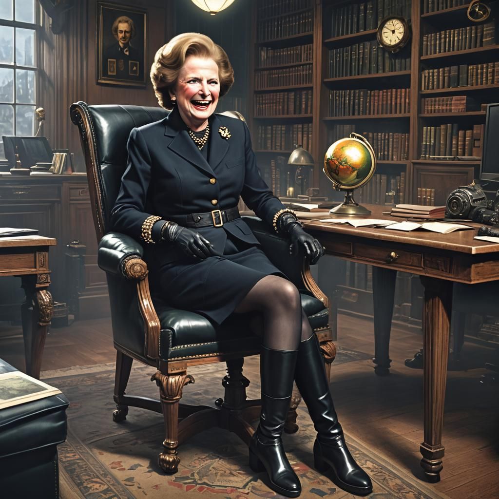 Margaret Thatcher laughing as the Mekon wearing a short skirt and ...