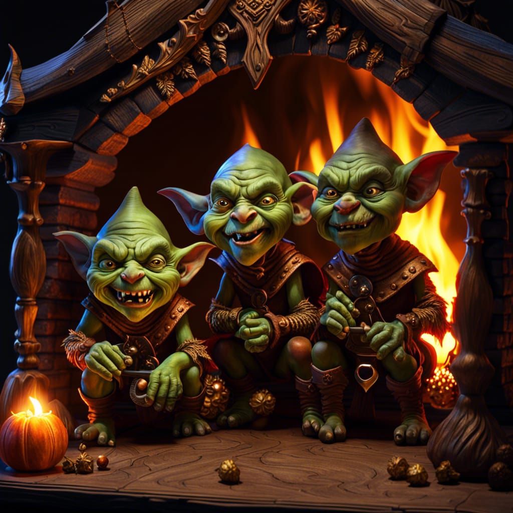 Three ugly goblins by fireplace in cottage - AI Generated Artwork - NightCafe Creator