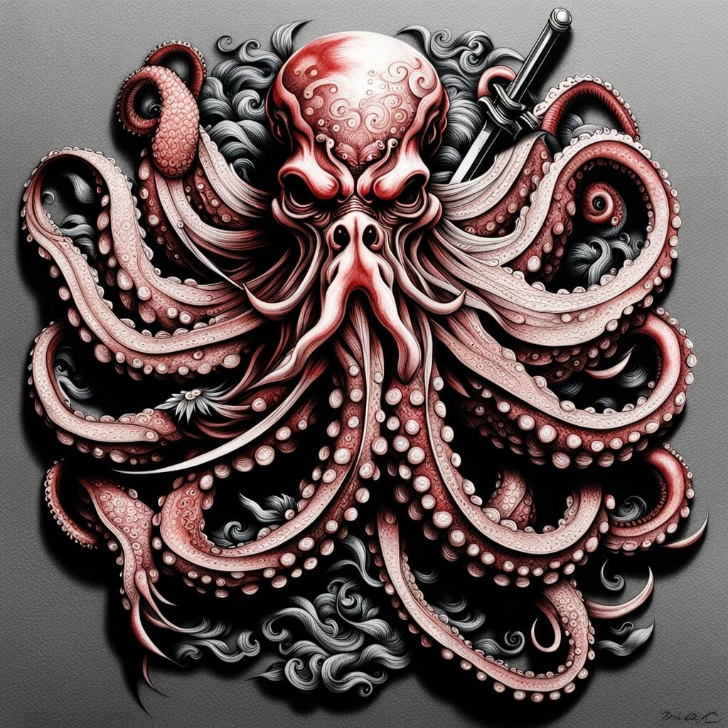 Traditional, Samurai octopus, holding swords, hyperdetailed, hyper ...