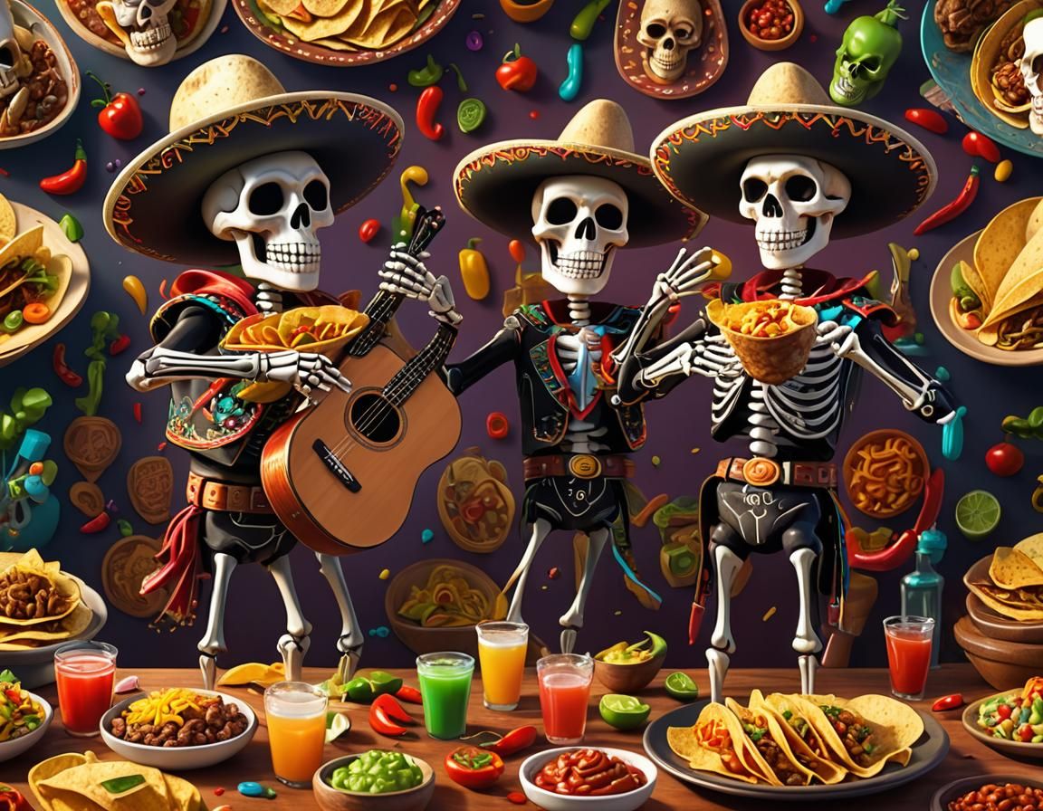 Two Mariachi skeletons eating Mexican food - AI Generated Artwork ...