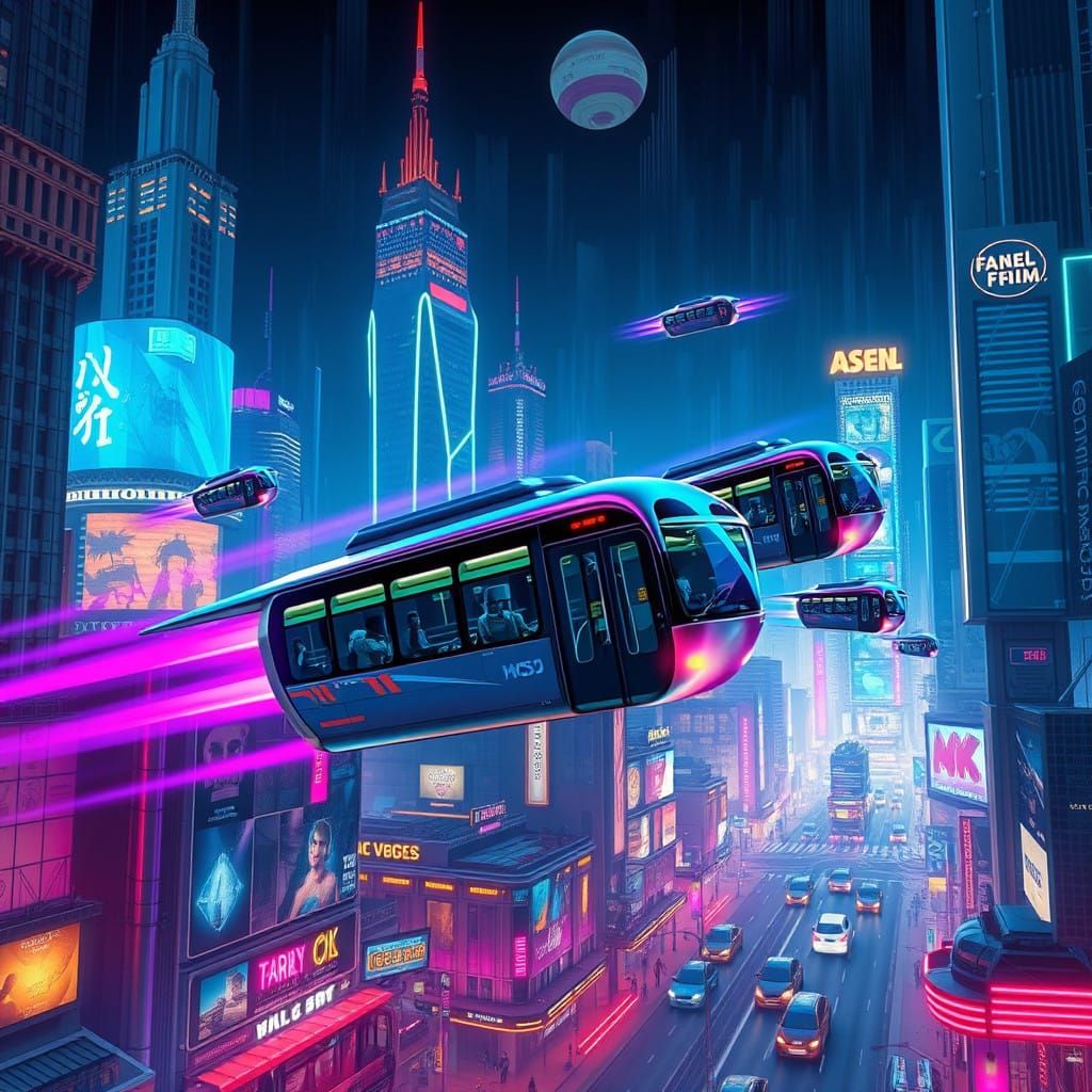 Flying buses in a neon city scape. - Sleek Flying Buses Soar...