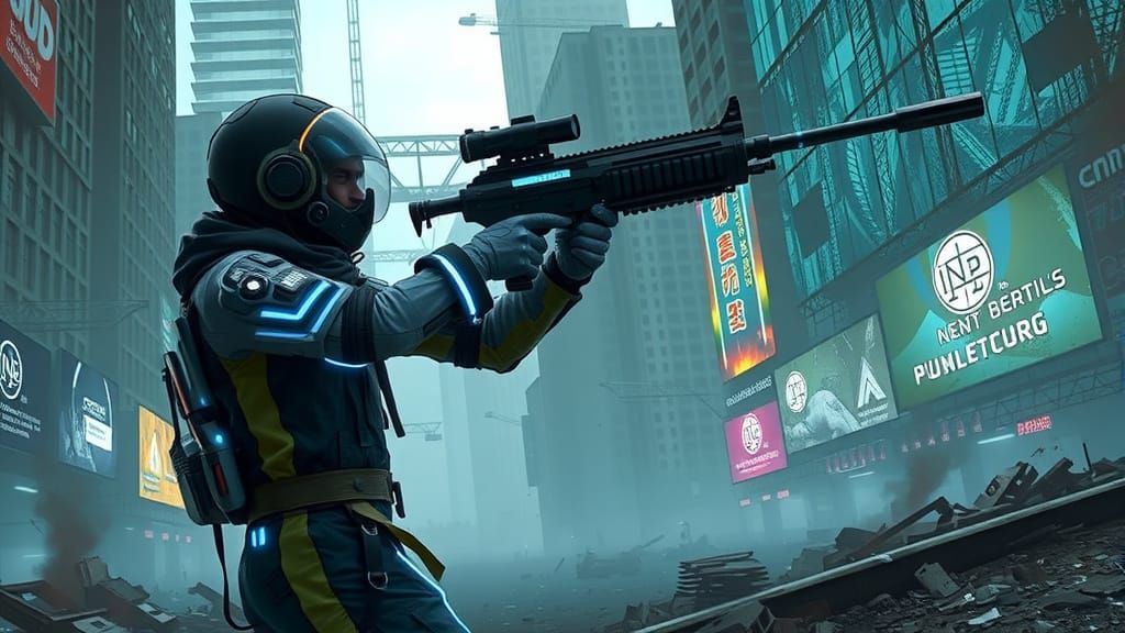 Cyberpunk Survivor Aims High-Tech Rifle in Futuris... - AI Art