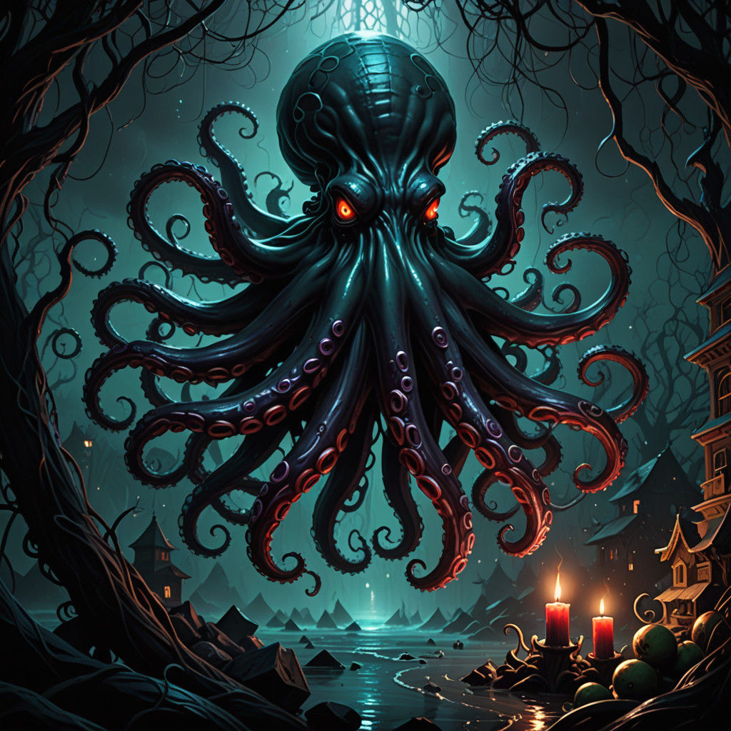 Gothic Christmas Horror: Giant Black Octopus Unlea... - AI Art
