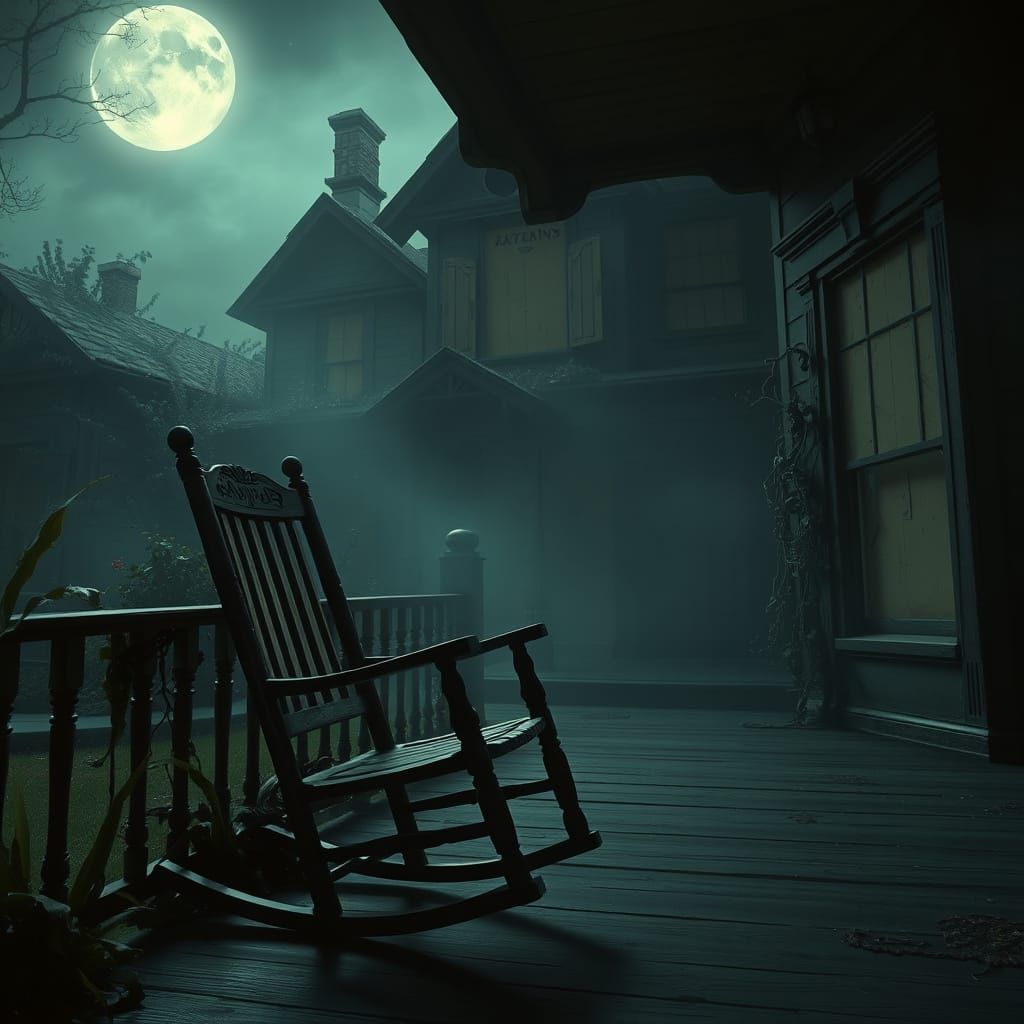 Antique wooden rocking chair sits serenely on the porch of a haunted ...