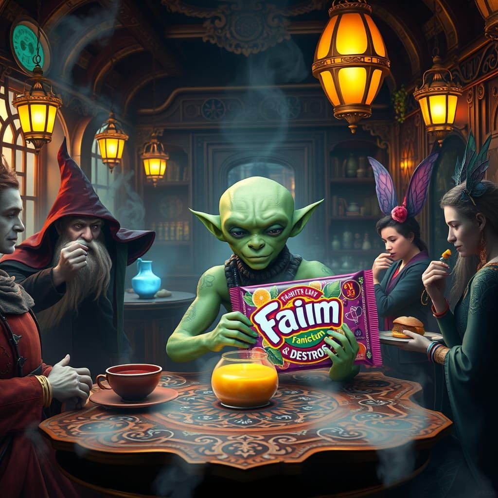 Mystical Tea Shop Scene in Cyberpunk Fantasy Style - AI Art