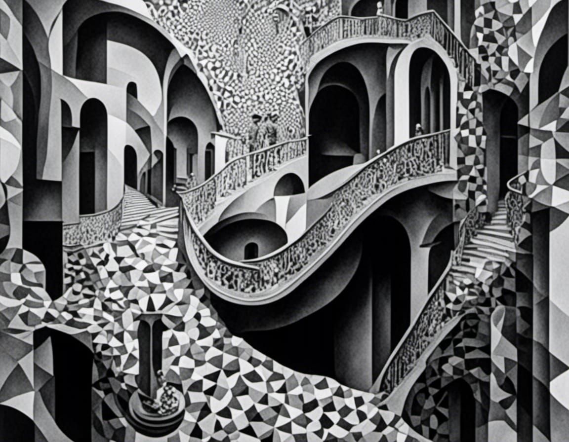 M. C. Escher Escher Escher Escher and klimt Abstract geometric black and white stipple cross ...