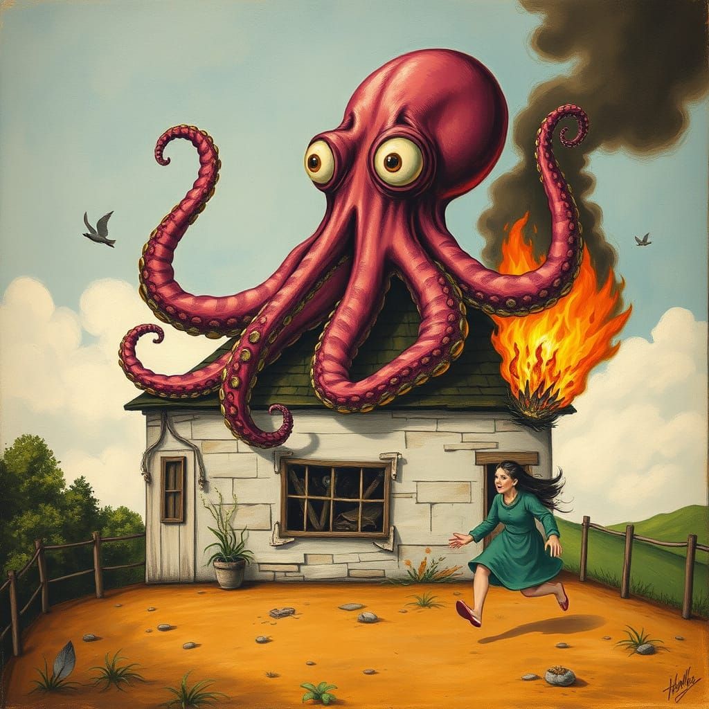 Mysterious Octopus in Folk Art Flames - AI Art