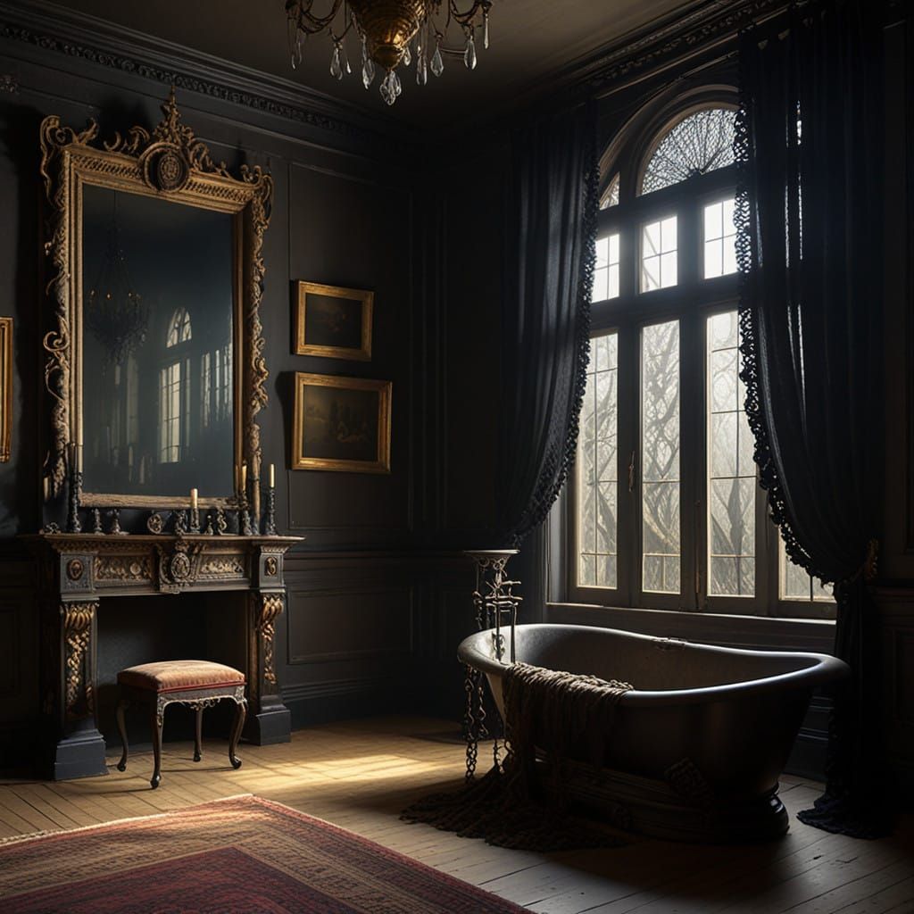 A delicate, gothic maiden, enveloped in tattered, black lace and ...