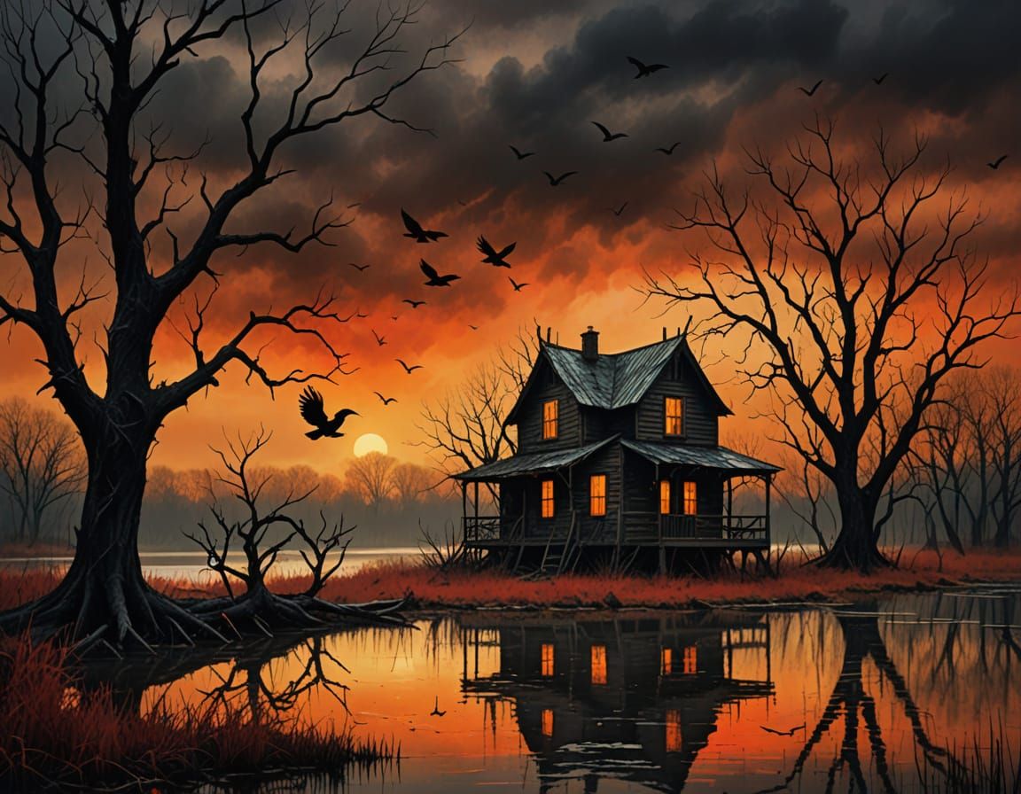 Rustic Bayou Cabin with Crows in Gothic Grunge Sty... - AI Art