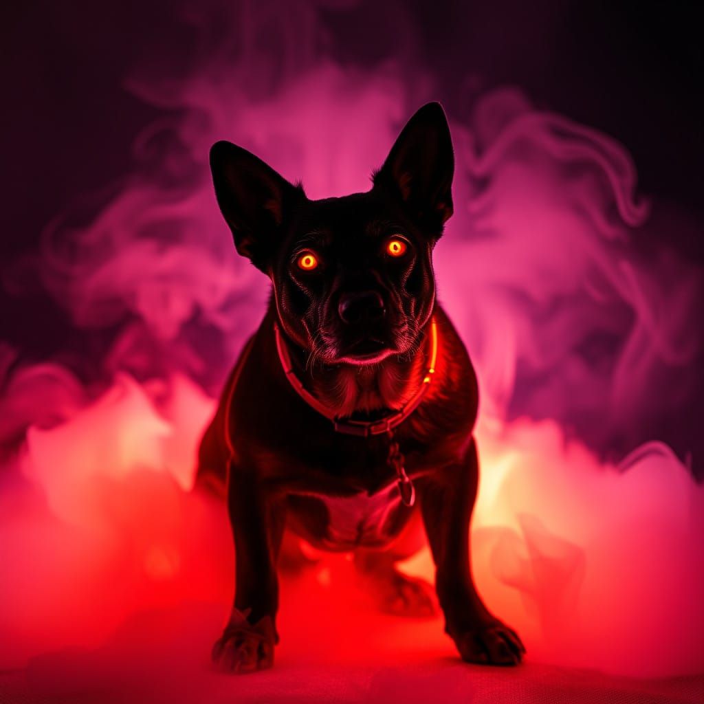 Eh...doggy? - Glowing canine amidst smoke and flames