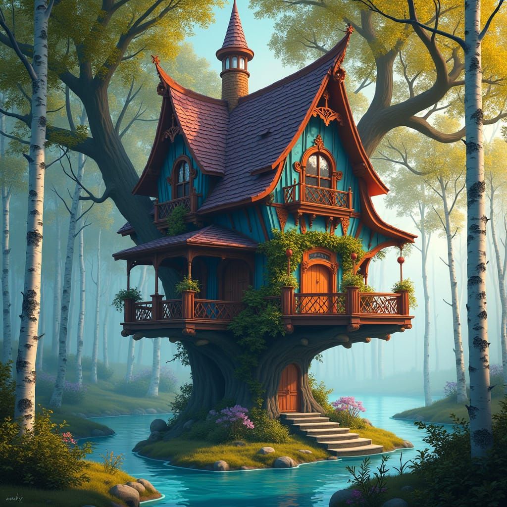 Whimsical Victorian Treehouse Amidst a Dreamlike L... - AI Art