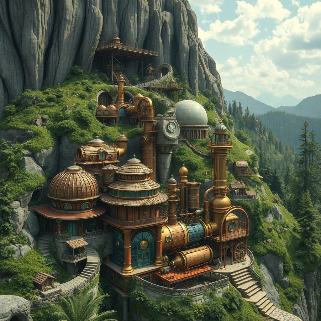Solarpunk Mountain Village with Curved Houses and ... - AI Art