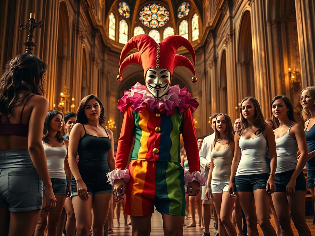 Anonymous Ray with mask on in a jester's outfit hanging out with a ...