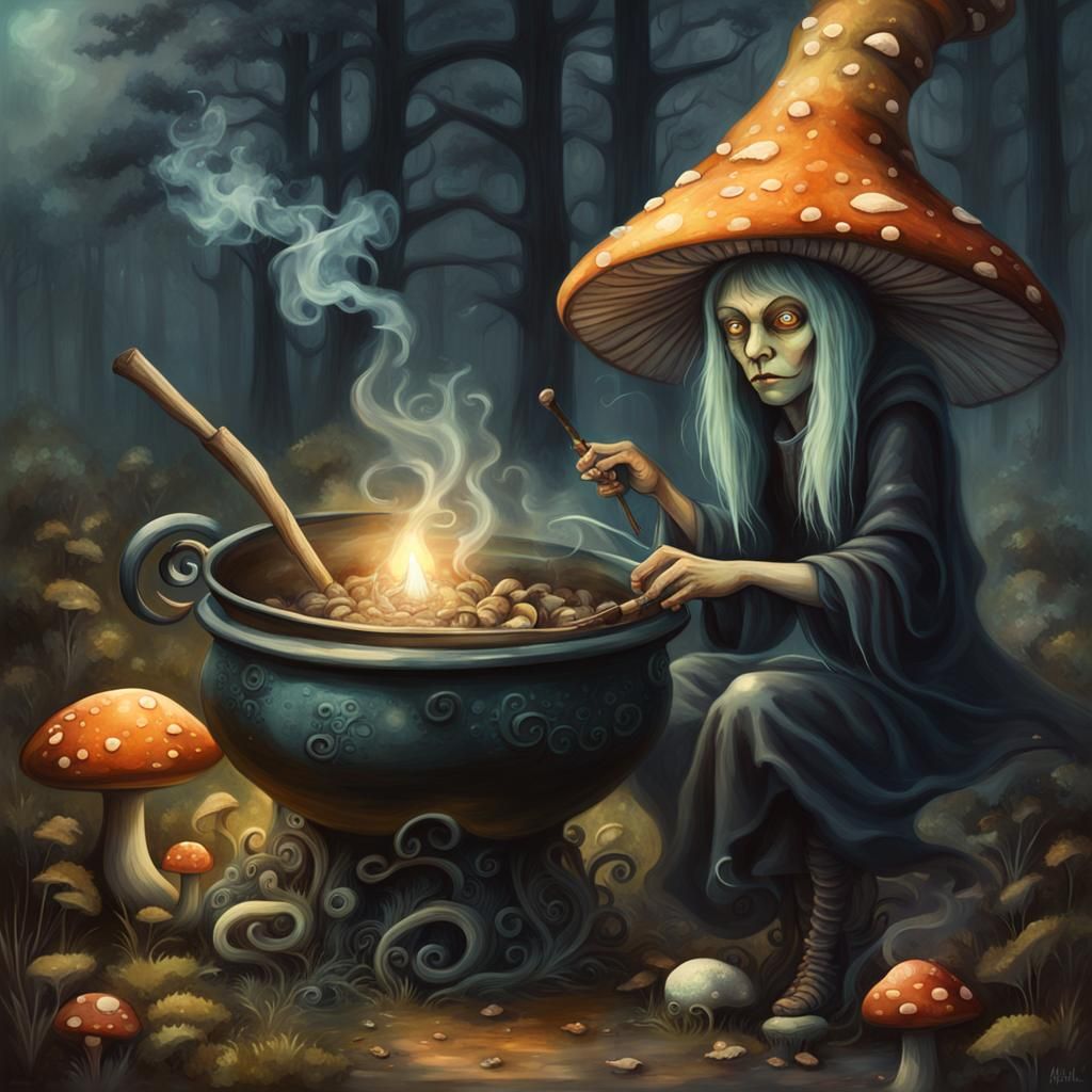 witch, cottage, strange mushrooms, transparent SHIMMERING SMOKE ...