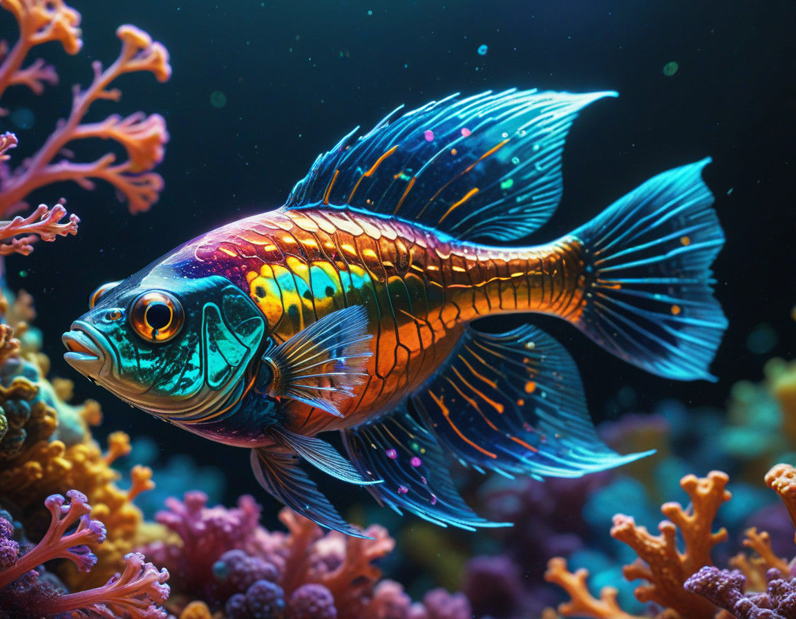 Colorful Fantailed Fish - Vibrant Fractal Guppy in Hyperspe...