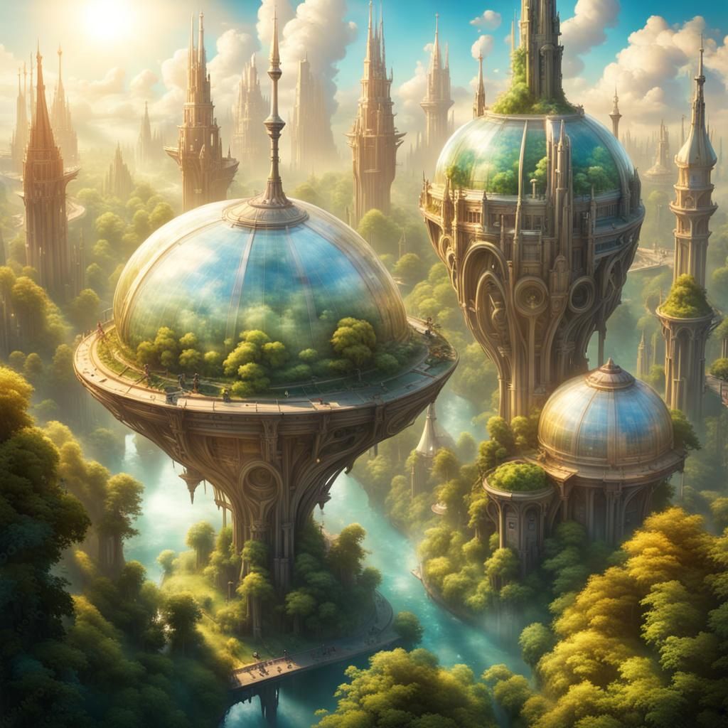 fantastical utopian solarpunk city surrounded by lush forests. spires ...