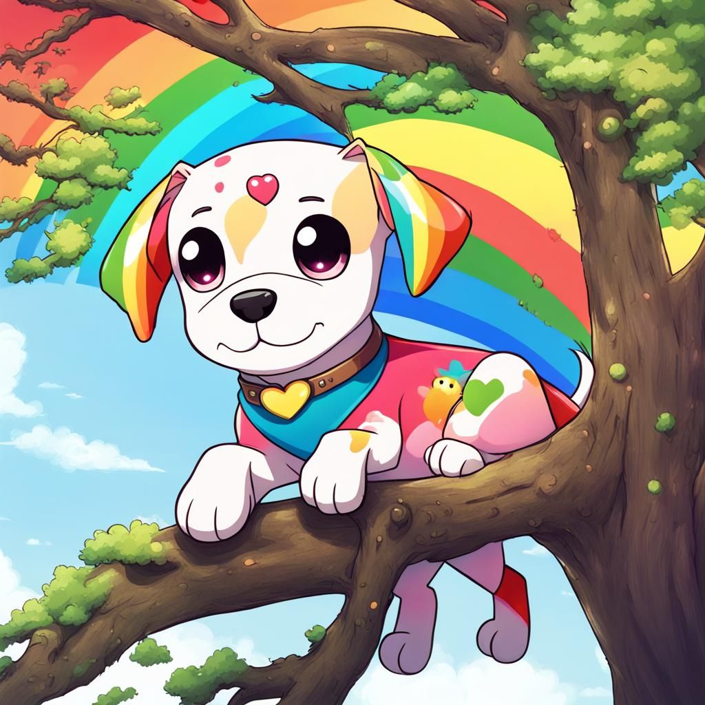 super cute rainbow dog in a tree - AI Generated Artwork - NightCafe Creator
