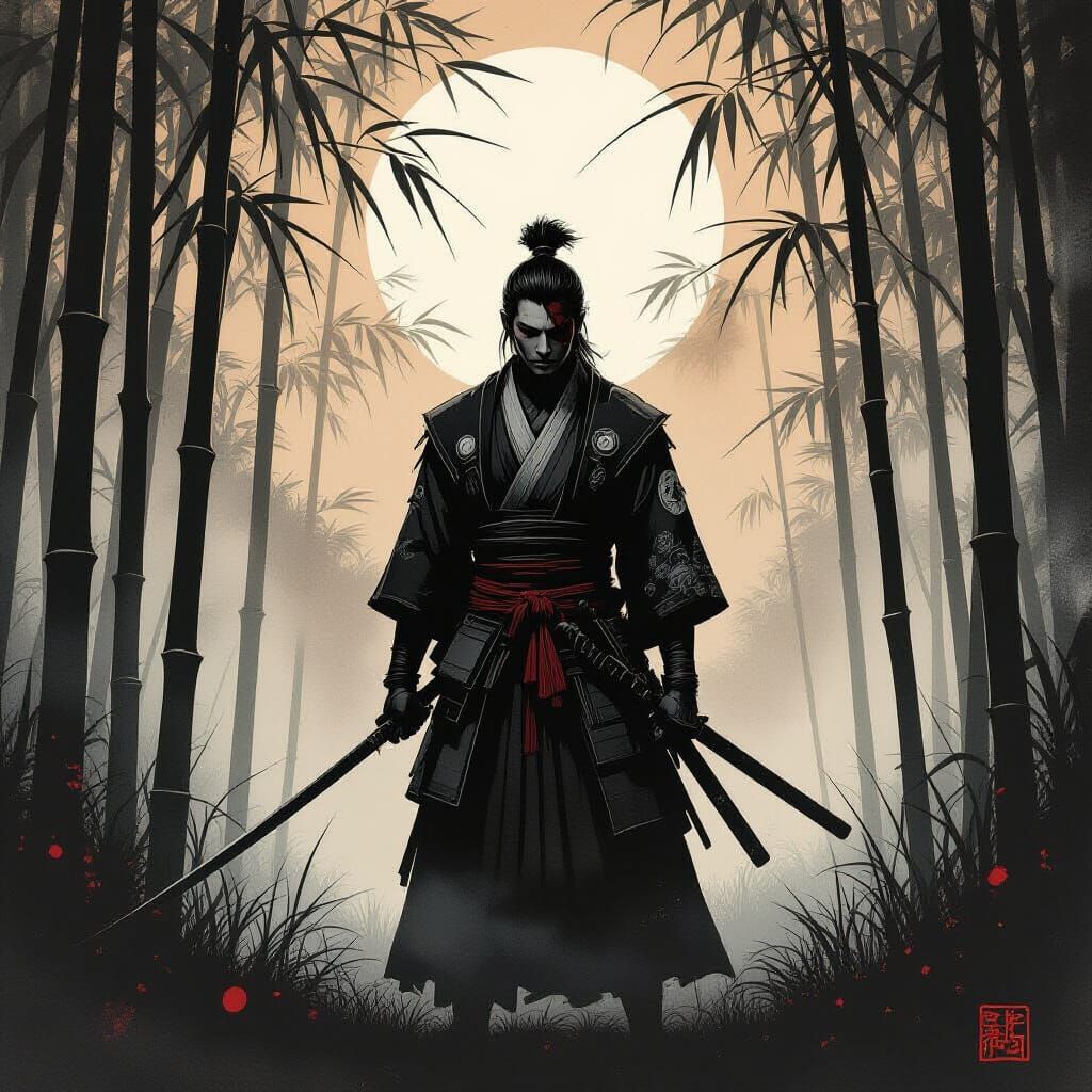 A hyperrealistic pencil drawing of a mysterious samurai warrior, his ...