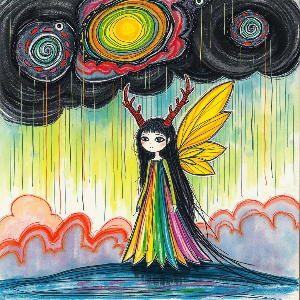 crude, badly drawn, naive child-like drawing , Crayondrawn style, Pagan horned goddess with ...