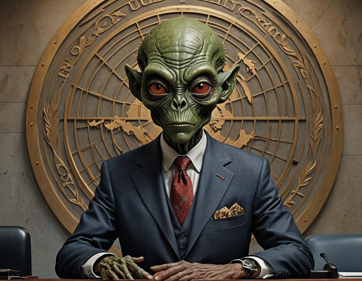 alien wearing a 3 piece suit addressing the UN - AI Generated Artwork ...