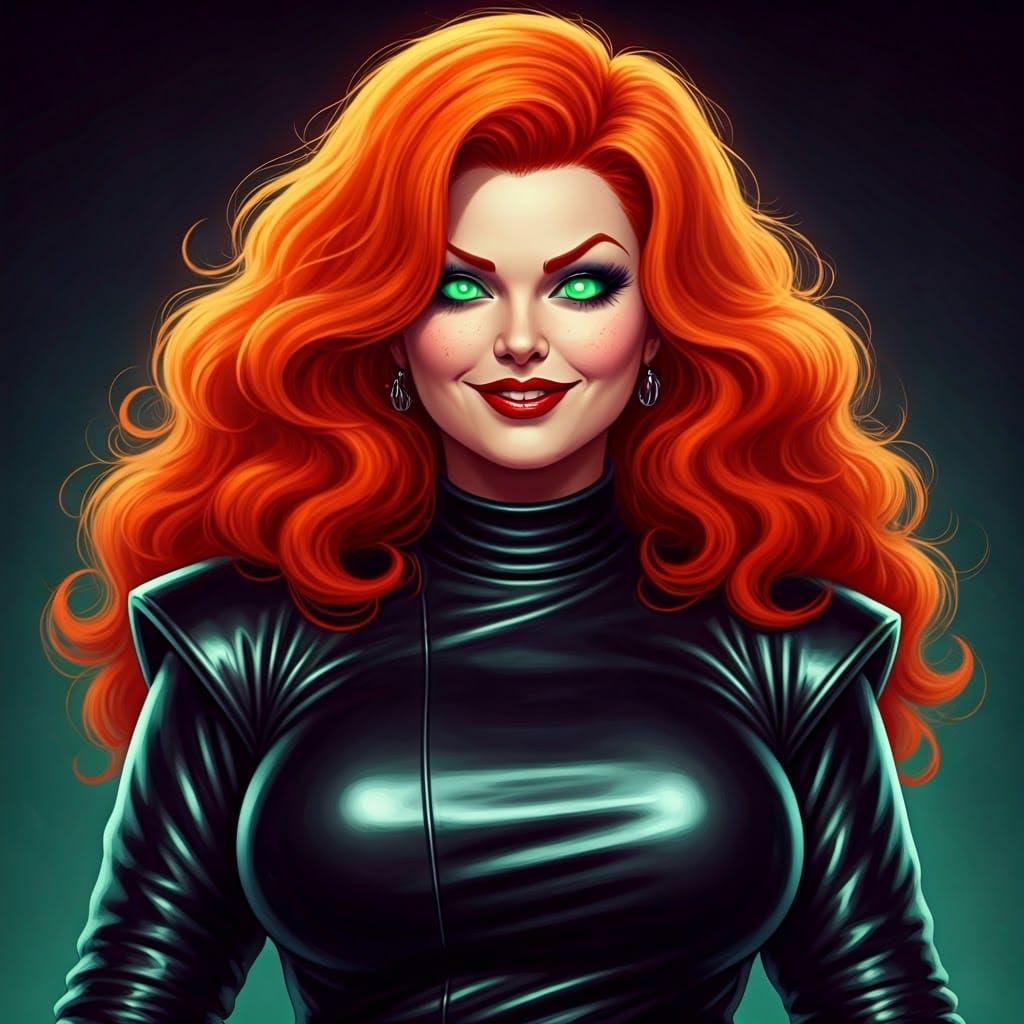 Voluptuous cartoonish redhead in a black leather dress with ...