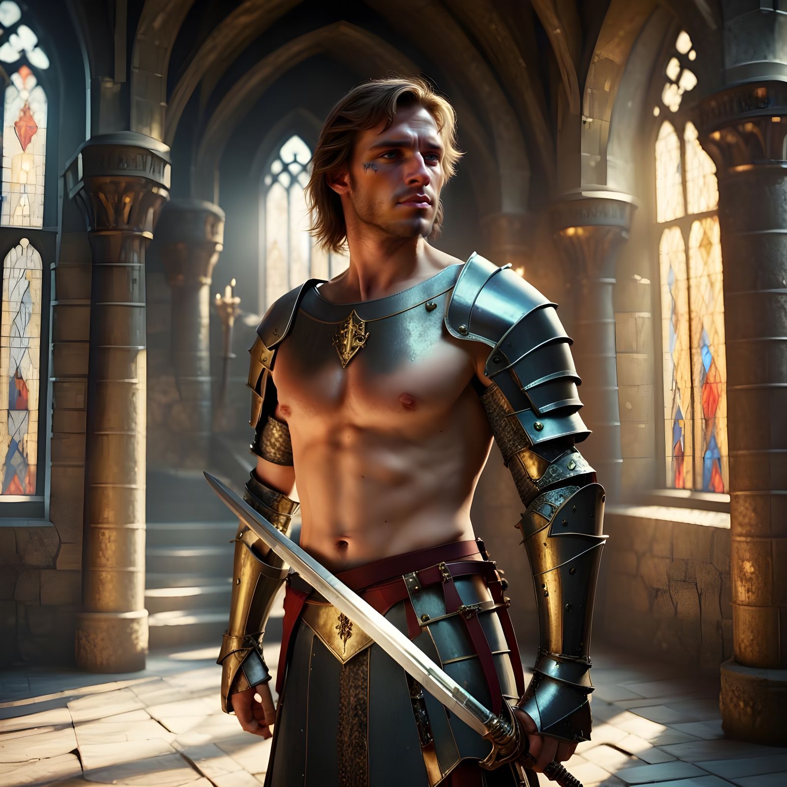 handsome knight ,shirtless in a medieval castell