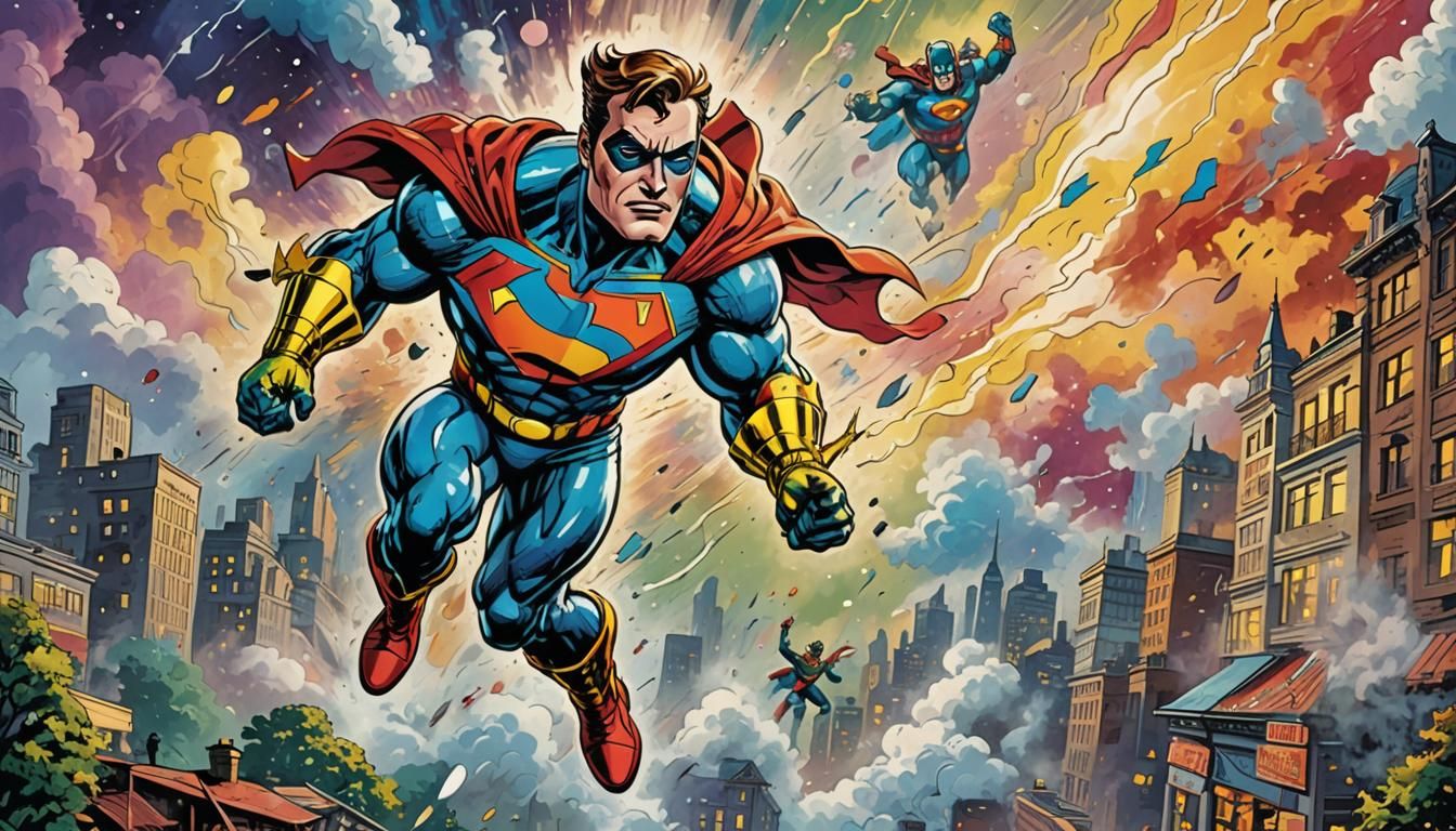 A vibrant pop art digital piece of a comic book hero in action, with ...